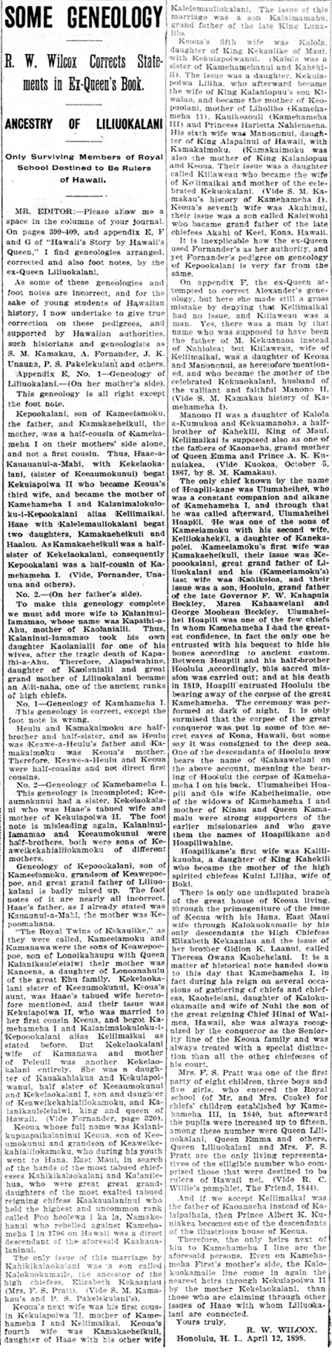 Robert Wilcox sounds off, 1898. | nupepa