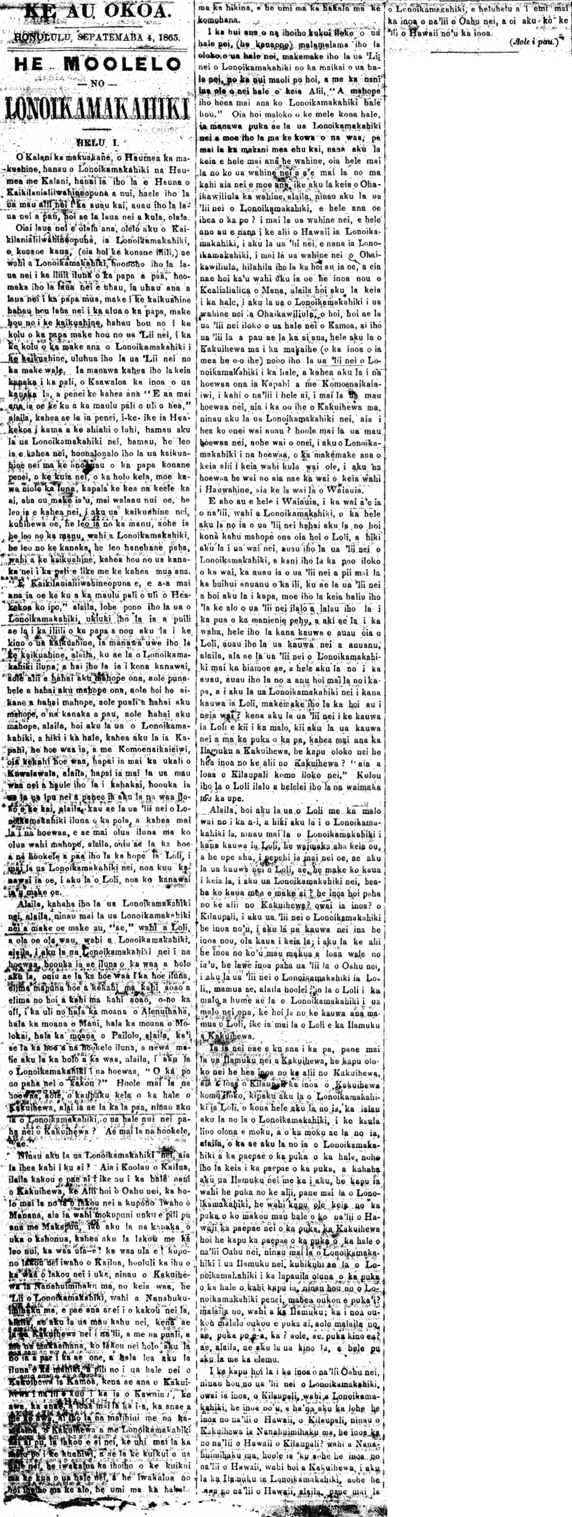 B. L. Koko tells the story of Lonoikamakahiki, 1865. | nupepa