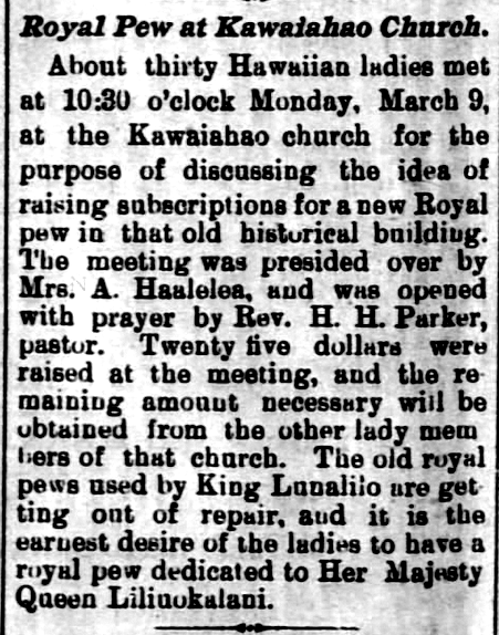 New royal pew at Kawaiahao Church, 1891. | nupepa