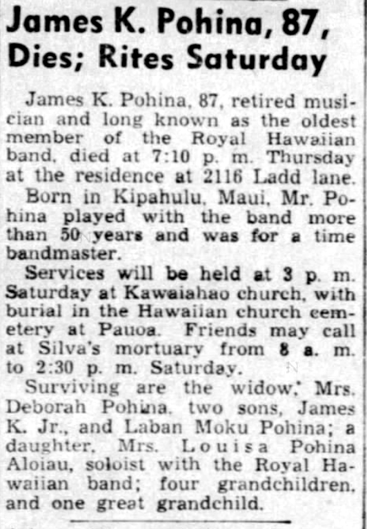 Death of James K. Pohina, 1941. | nupepa