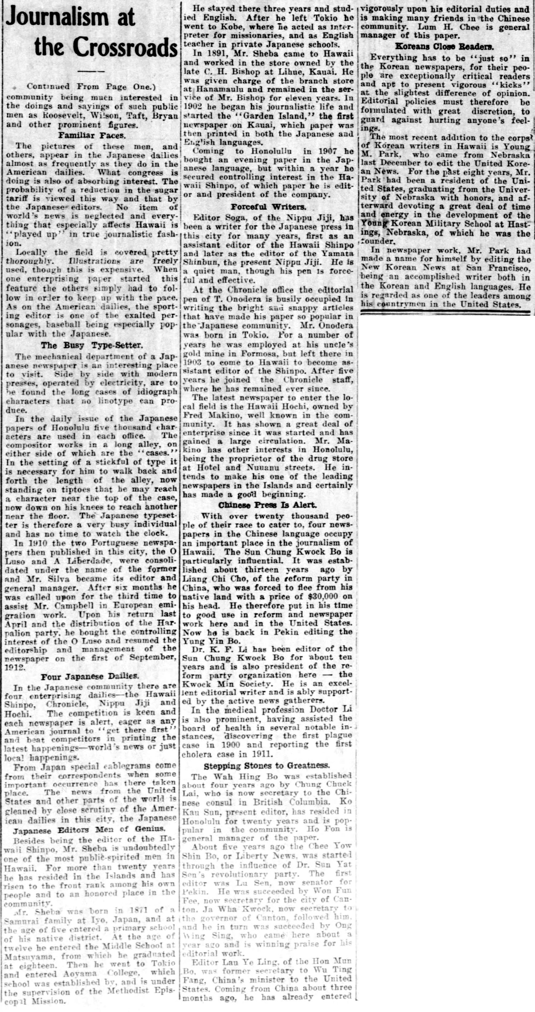 Newspaper history, continued, 1913. | nupepa